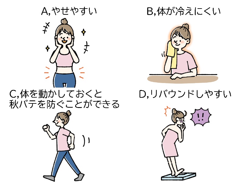 【ダイエットチョイス！】夏～秋の体の説明として、この中で正しいのは？～EICO式ダイエットのコツ(182)～|ダイエット、フィットネス、ヘルスケアのことならFYTTE-フィッテ